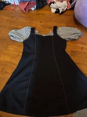 Dresses | Black Buttonfront Pinafore Dress With Gingham Puff Sleeves ...
